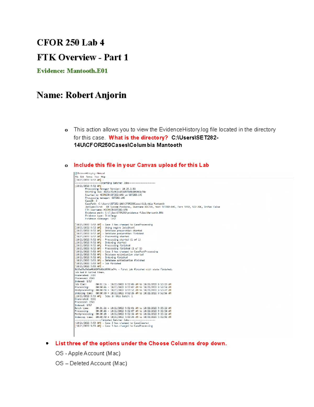 CFOR 250 Lab 4 - This is a complete lab 4 solution on the computer forensics topic. It has both ...