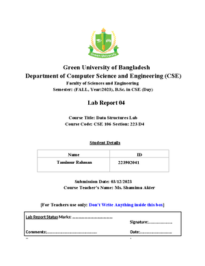 CSE-106-LAB Project Report - Green University of Bangladesh Department ...