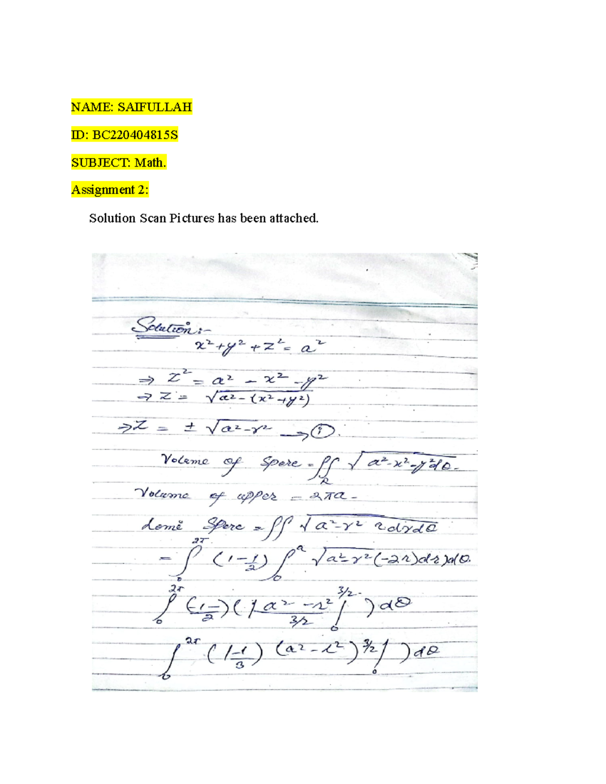 Math Assignment no 2 - calculus II - NAME: SAIFULLAH ID: BC220404815S ...
