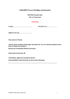 Tute 4 - Paper tutorial - CHEE3007 Tute 4 – Solution strategies Model 1: Melting ice Variables ...