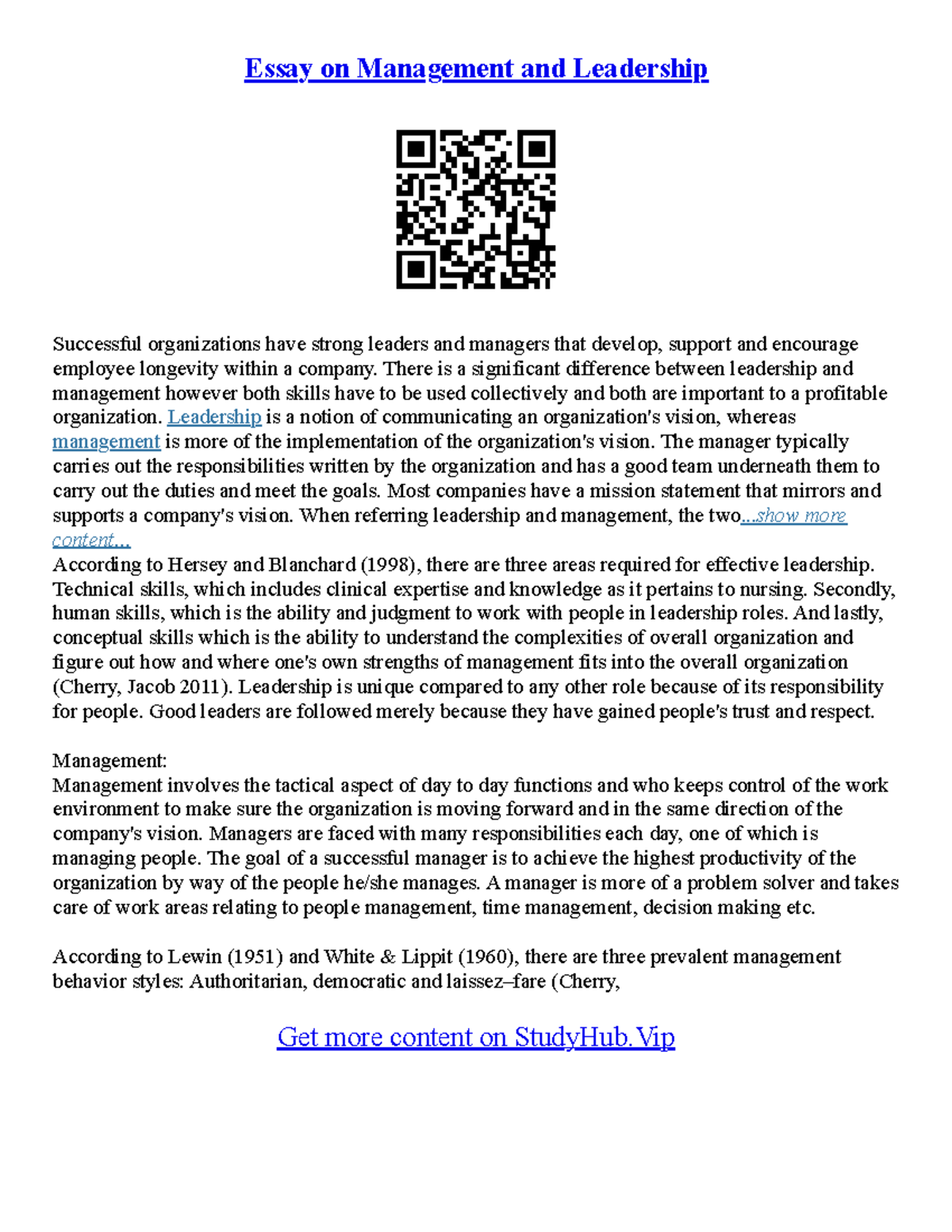 Essay On Leadership - Essay on Management and Leadership Successful ...