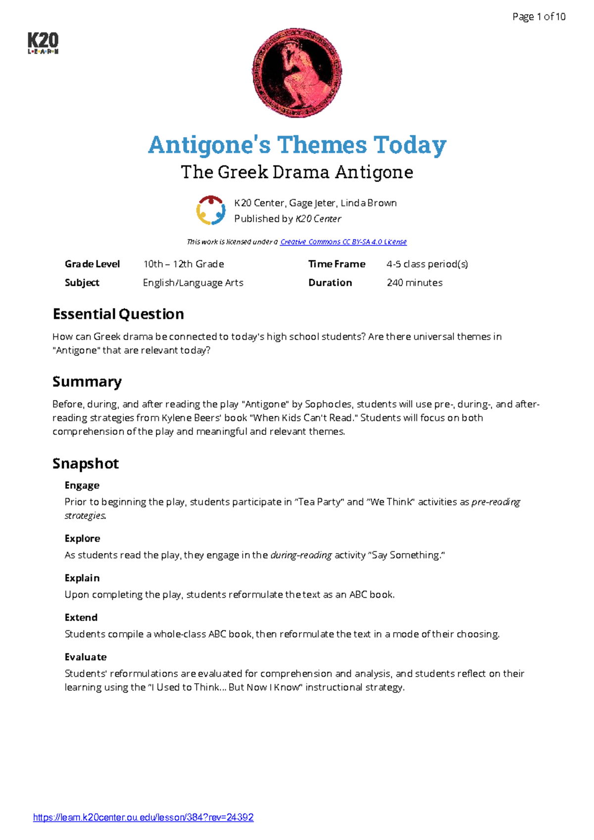 Antigone s Themes Today - Grade Level 10th – 12th Grade Subject English ...