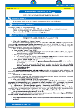 Study Guide 1 Evolution of NSTP - UNIT 1- THE NATIONAL SERVICE TRAINING ...
