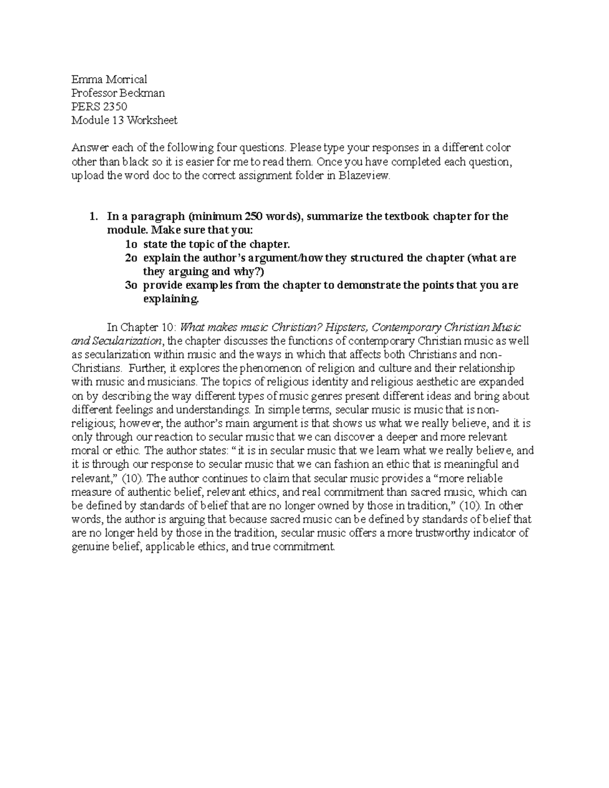 Mod 13 Worksheet - Notes. - Emma Morrical Professor Beckman PERS 2350 ...