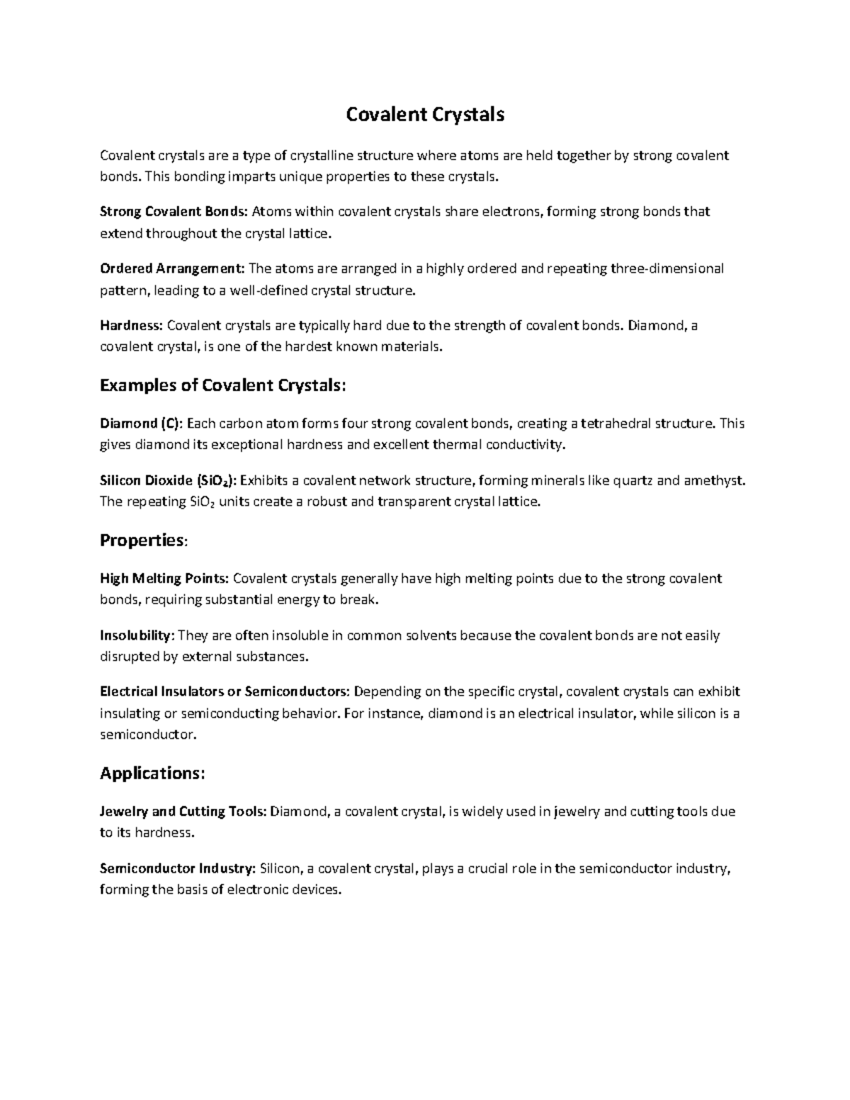 Covalent crystal complete detail pdf - Covalent Crystals Covalent ...
