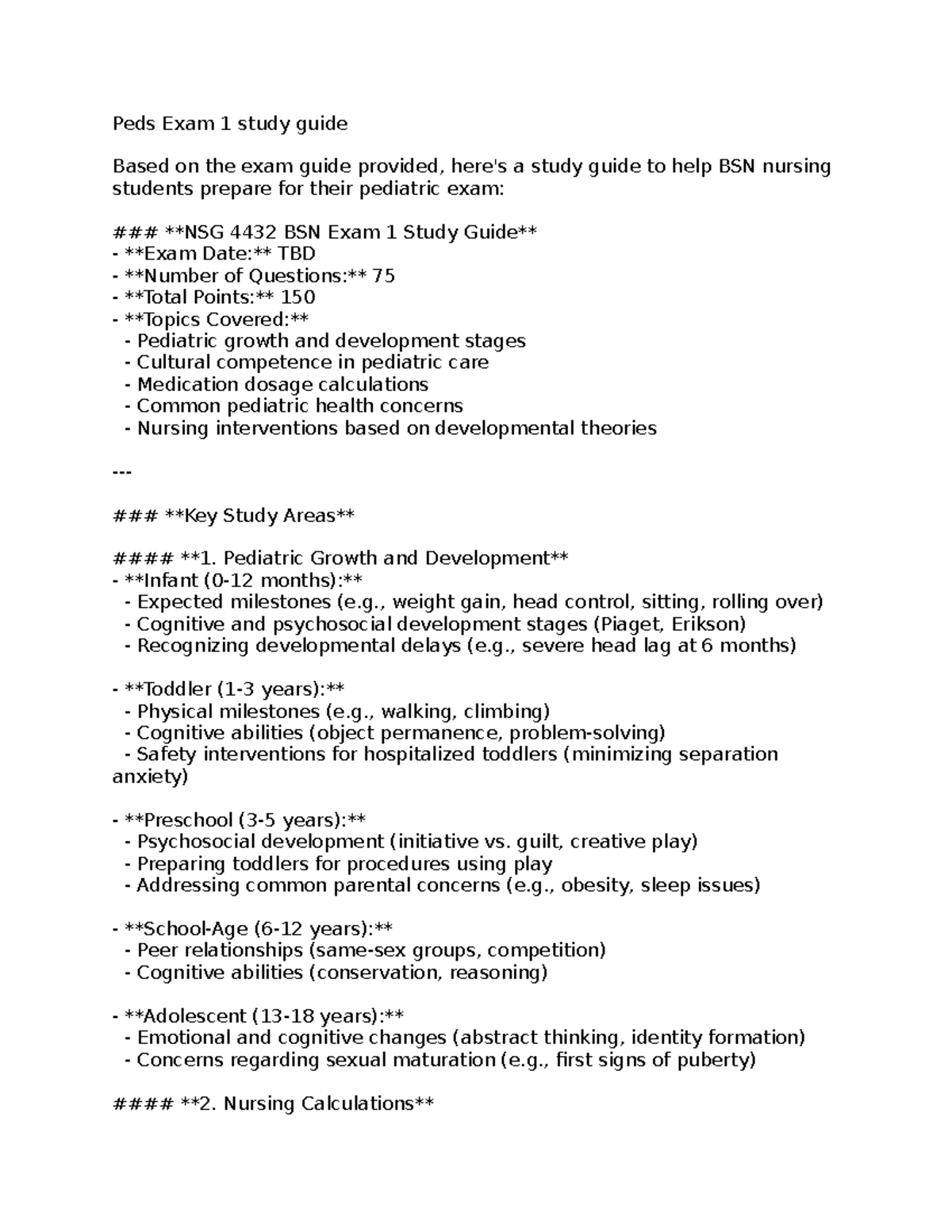 Peds Exam 1 study guide BSN - Peds Exam 1 study guide Based on the exam ...