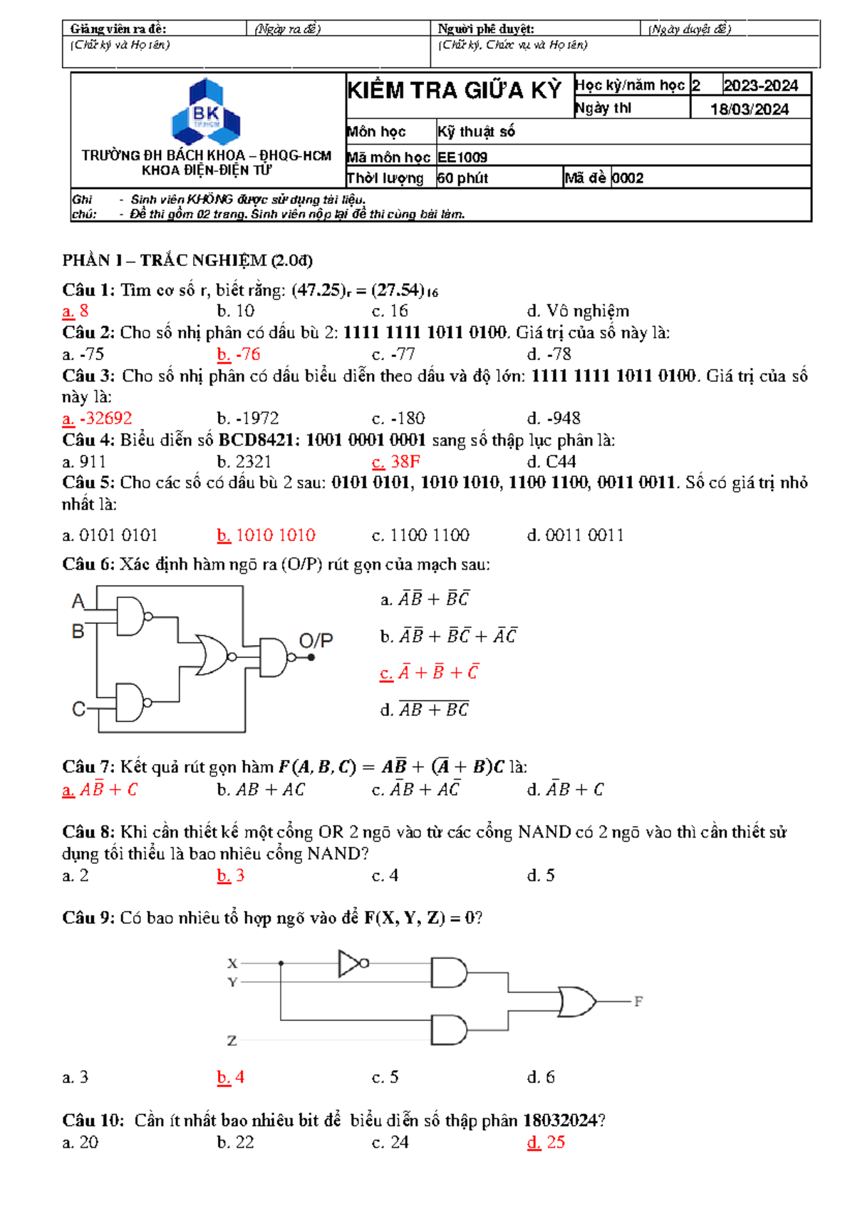 KTS KTGK HK232 DE2 DA v1 - Đề & đáp án KTS - PHẦN I – TRẮC NGHIỆM (2đ) Câu 1: Tìm cơ số r, biết ...