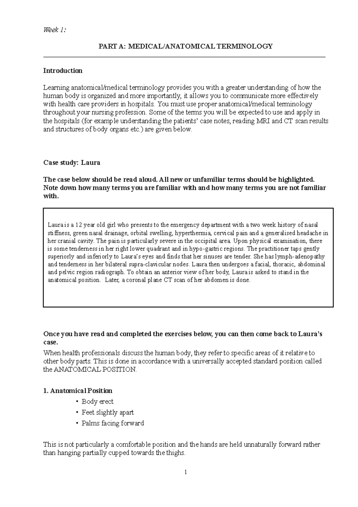 Week 1 practical - Medical Anatomical terminology - Week 1: PART A ...