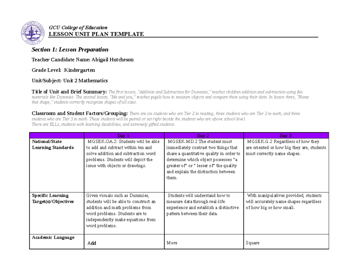 3-day Lesson plan - N/a - Section 1: Lesson Preparation Teacher ...