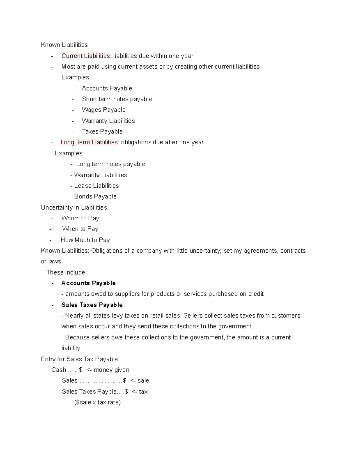 Accounting for Long Term Assets Notes - Known Liabilities - Current ...