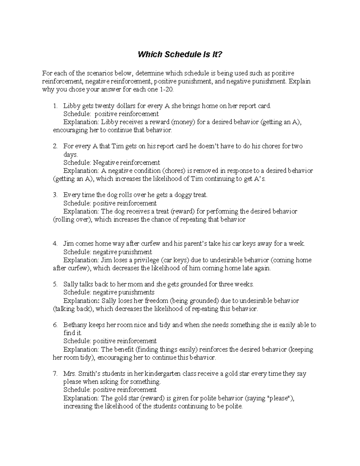 Skinner Worksheet - Which Schedule Is It? For each of the scenarios ...