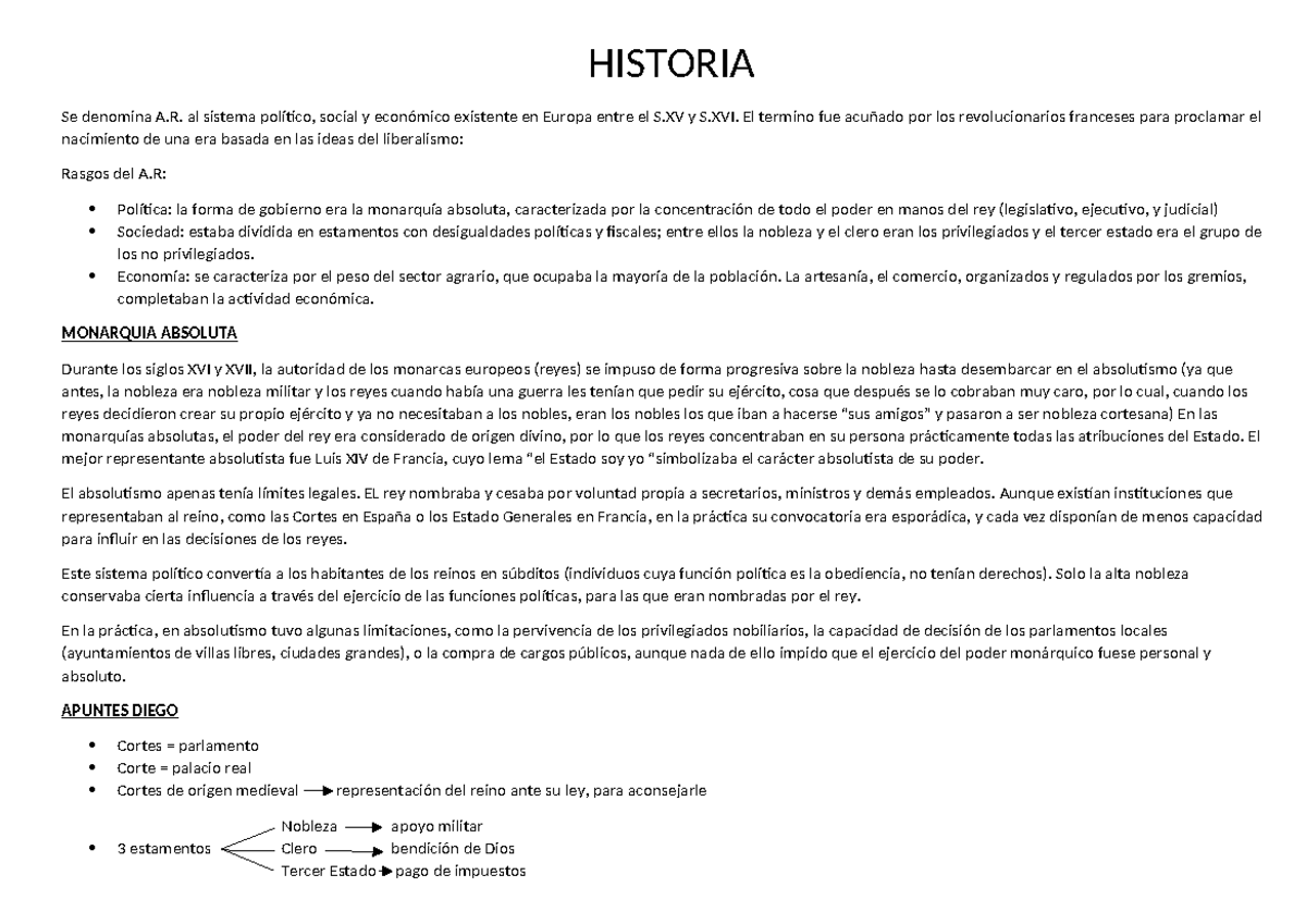 Historia TEMA 1 - HISTORIA Se denomina A. al sistema político, social y ...