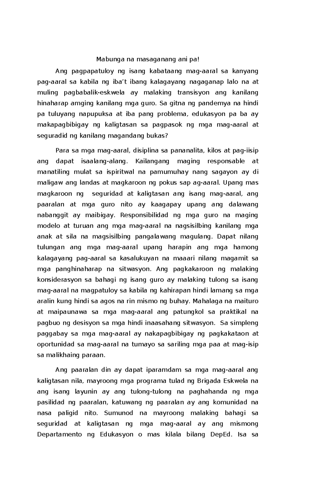 Filipino G11- sanaysay - Mabunga na masaganang ani pa! Ang pagpapatuloy ...