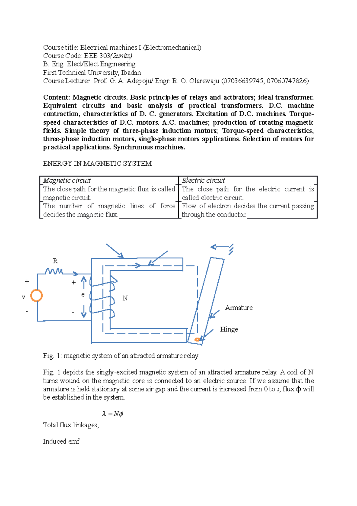EEE 303 Lecture Note - Course title: Electrical machines I ...