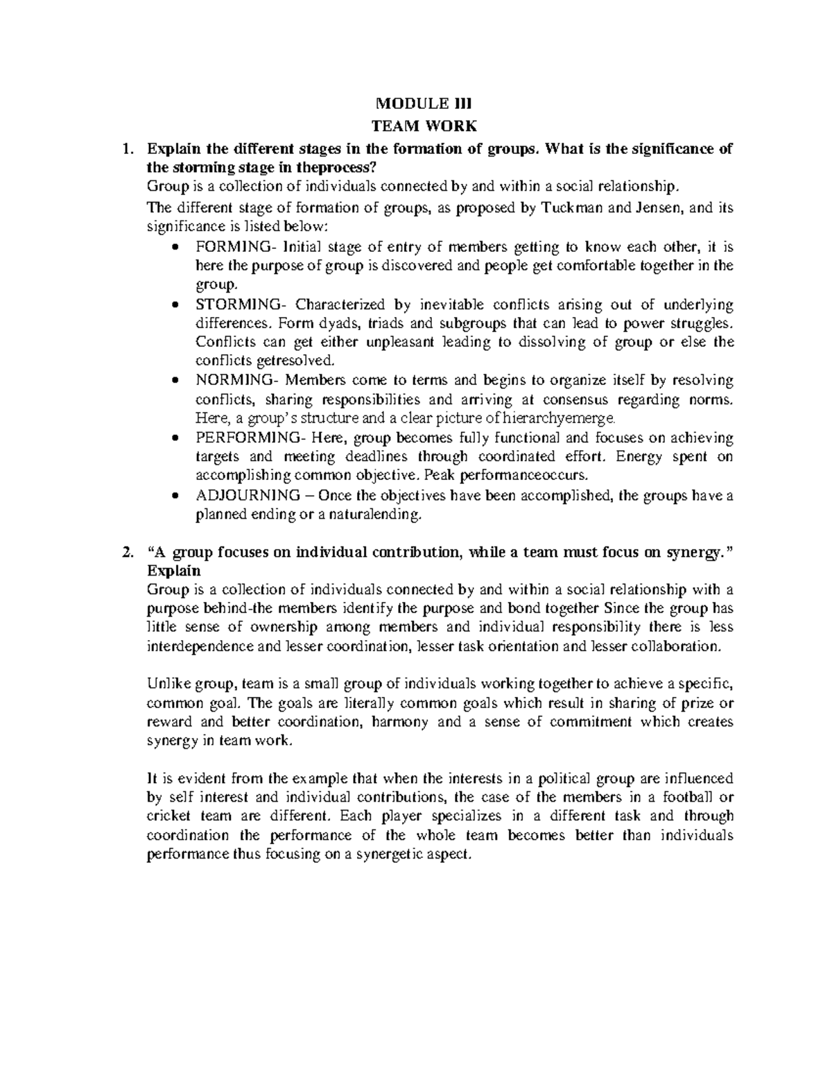 Module 3 short notes - Introduction to Groups and Teams, Team ...