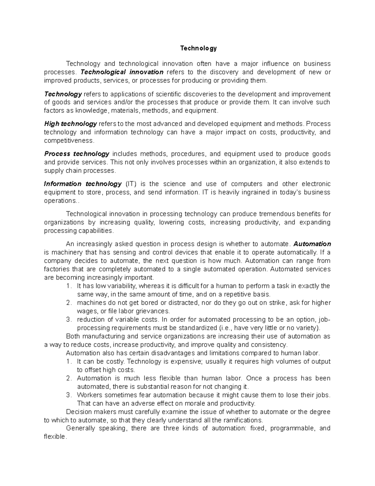 Technology - Operations Management Notes - Technology Technology and ...