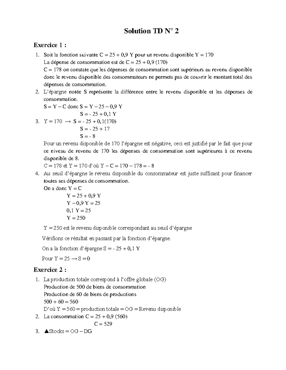 Sollution-TD2 compressed - Solution TD N° 2 Exercice 1 : Soit la fonction suivante C = 25 + 0,9 ...