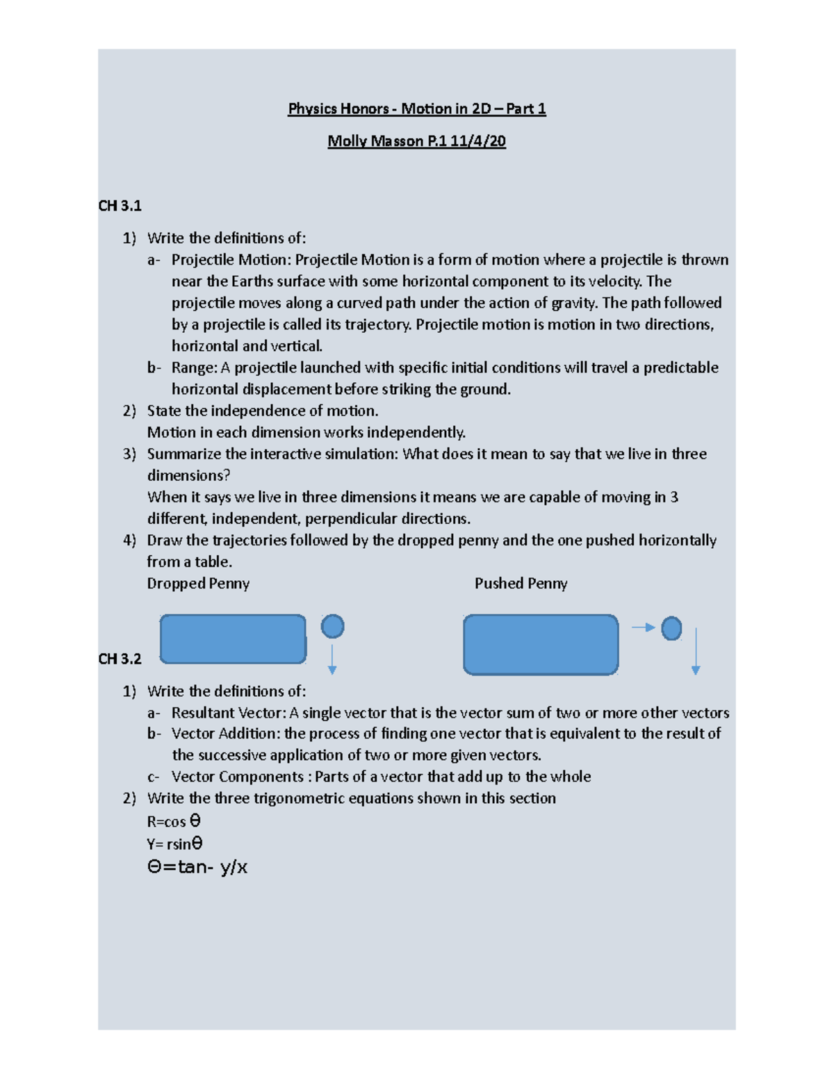 Basic Questions CH3 - Motion in 2D - Part 1 - Physics Honors - Motion ...