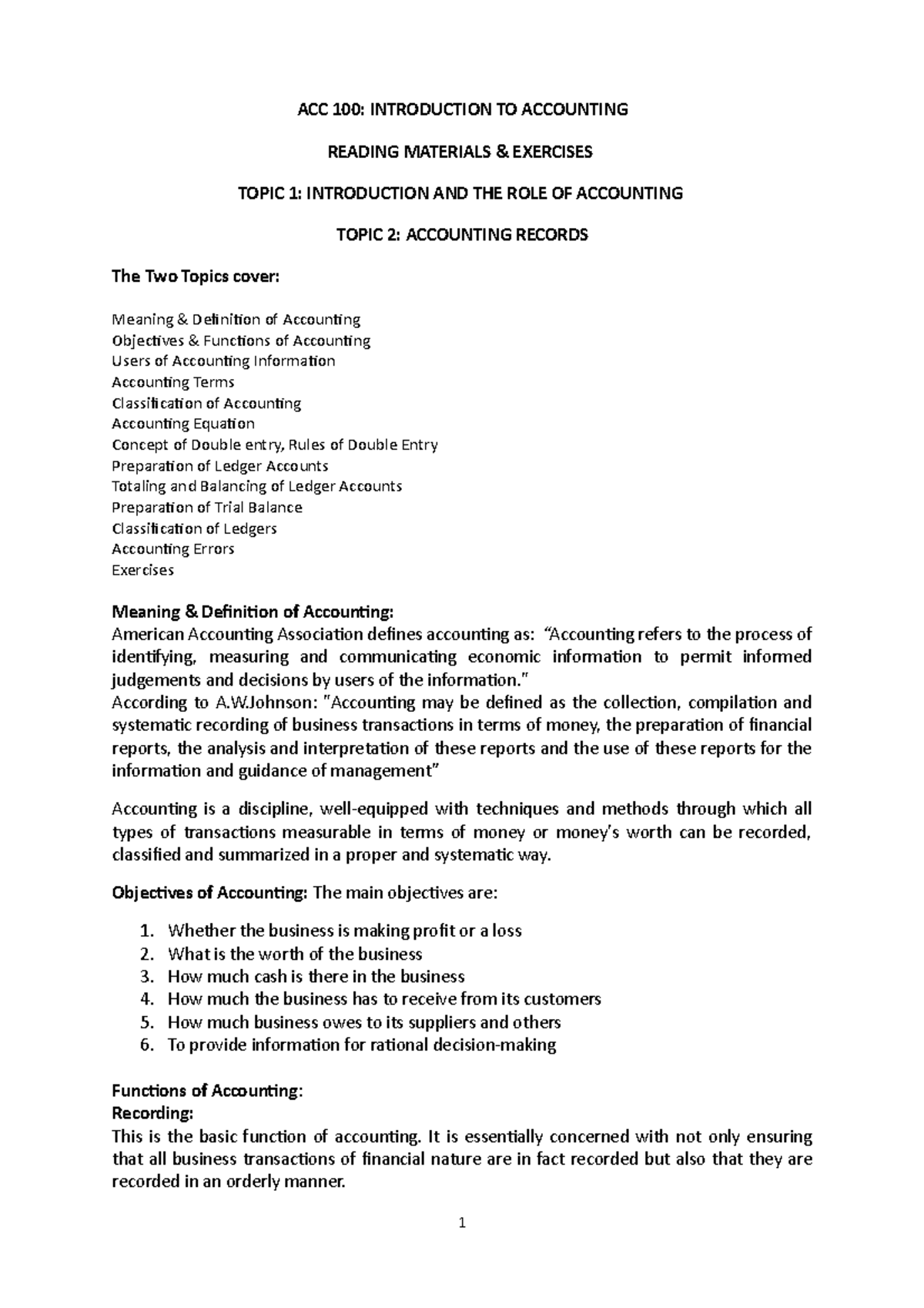 ACC 100 Topics 1 2 Reading Materials AND Exercises - ACC 100 ...