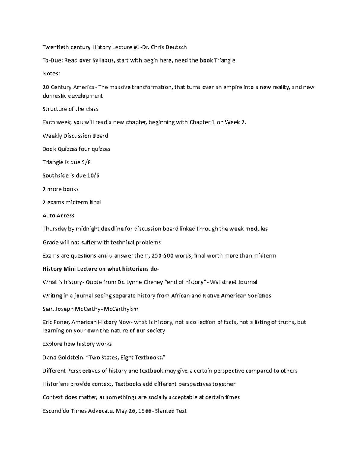 Lecture #1 - Notes from 1st Class - Twentieth century History Lecture ...