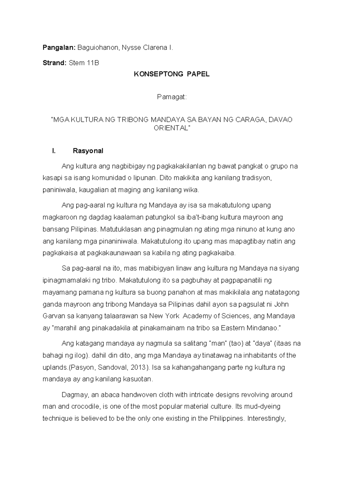 Concept paper for filipino - Pangalan: Baguiohanon, Nysse Clarena I ...