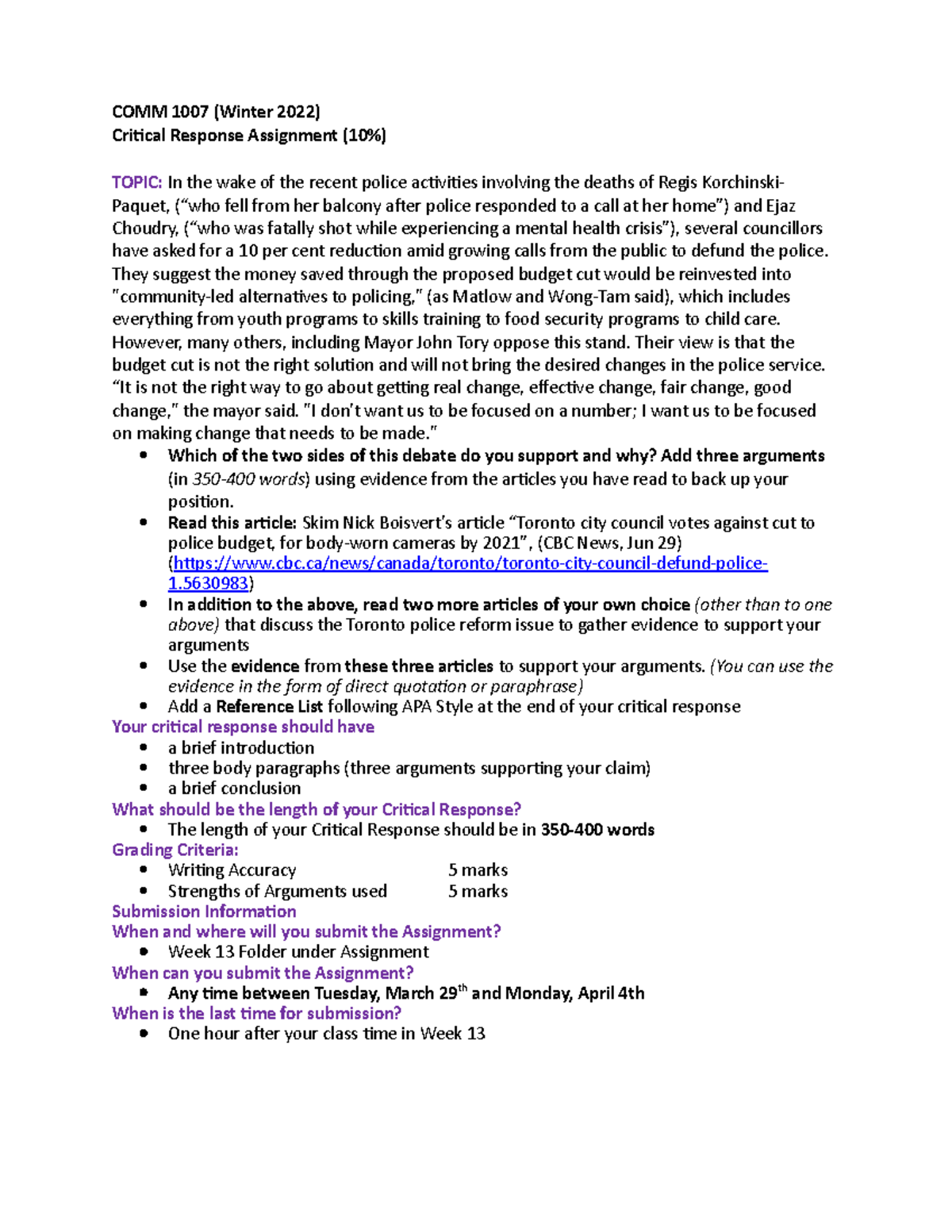 1007-12 - Crtcl Rspnse Asnmnt Tpc Instrcns - COMM 1007 (Winter 2022 ...