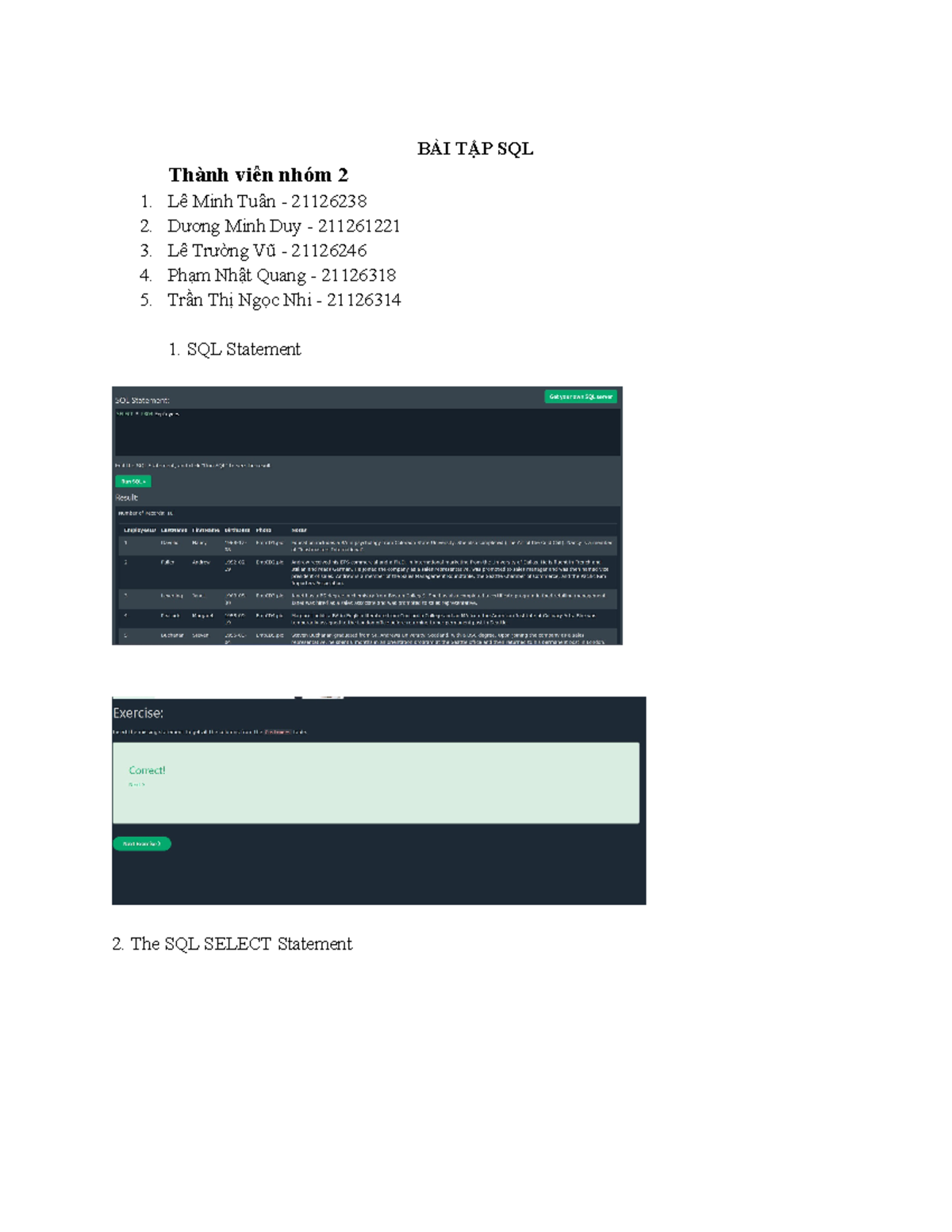 Bài tập SQL trên lớp - Nhóm 2 - BÀI TẬP SQL Thành viên nhóm 2 Lê Minh ...
