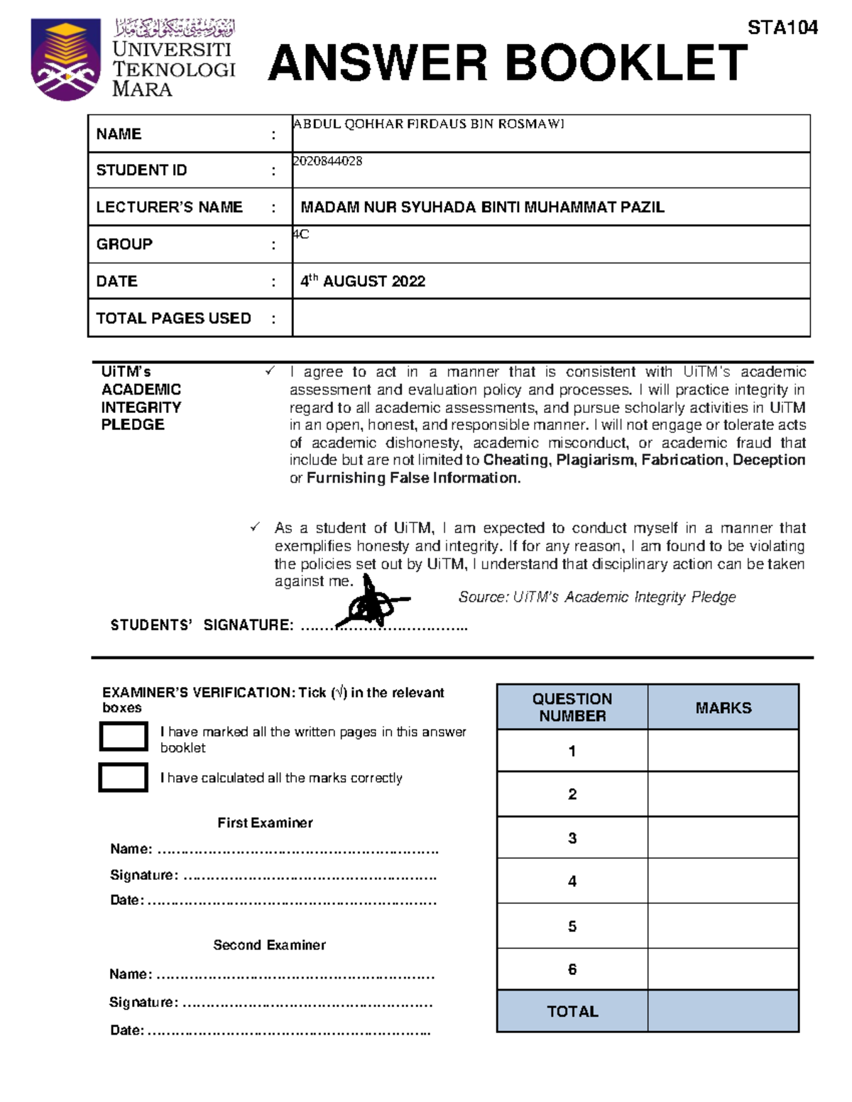 Final Exam STA 104 - STA ANSWER BOOKLET NAME : ABDUL QOHHAR FIRDAUS BIN ...