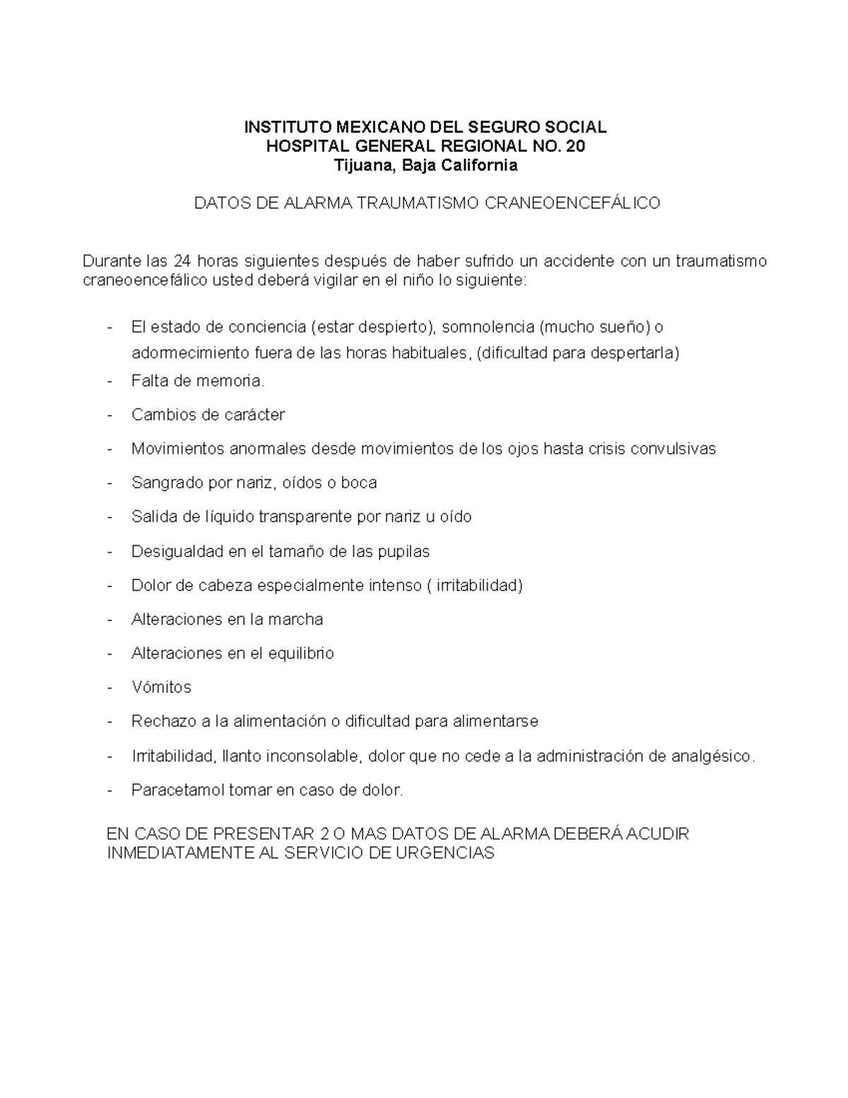 Datos DE Alarma TCE - INSTITUTO MEXICANO DEL SEGURO SOCIAL HOSPITAL ...