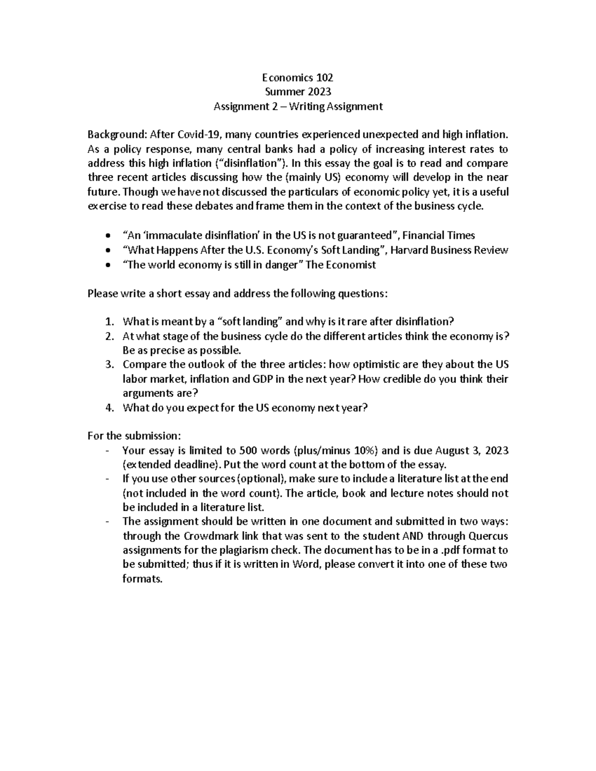 Writing Assignment 2 2023-1 - Economics 102 Summer 2023 Assignment 2 – Writing Assignment - Studocu