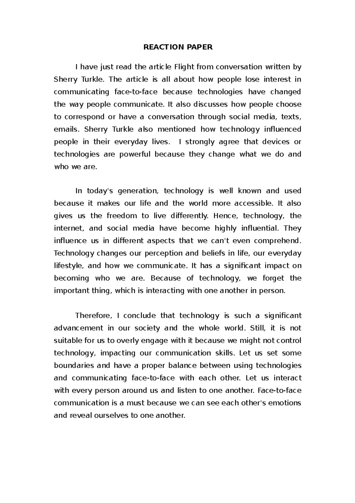 Reaction Paper - REACTION PAPER I have just read the article Flight ...