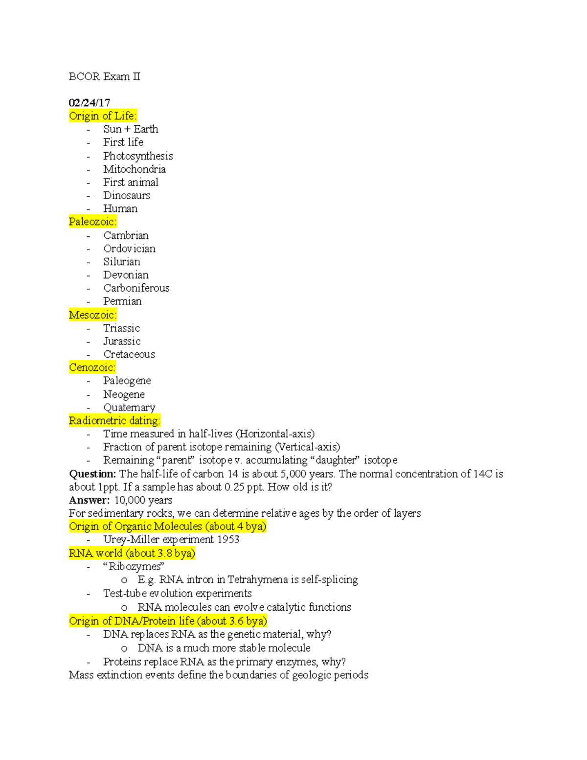 BCOR Exam II Notes - Summary Exploring Biology II - BCOR Exam II Origin ...