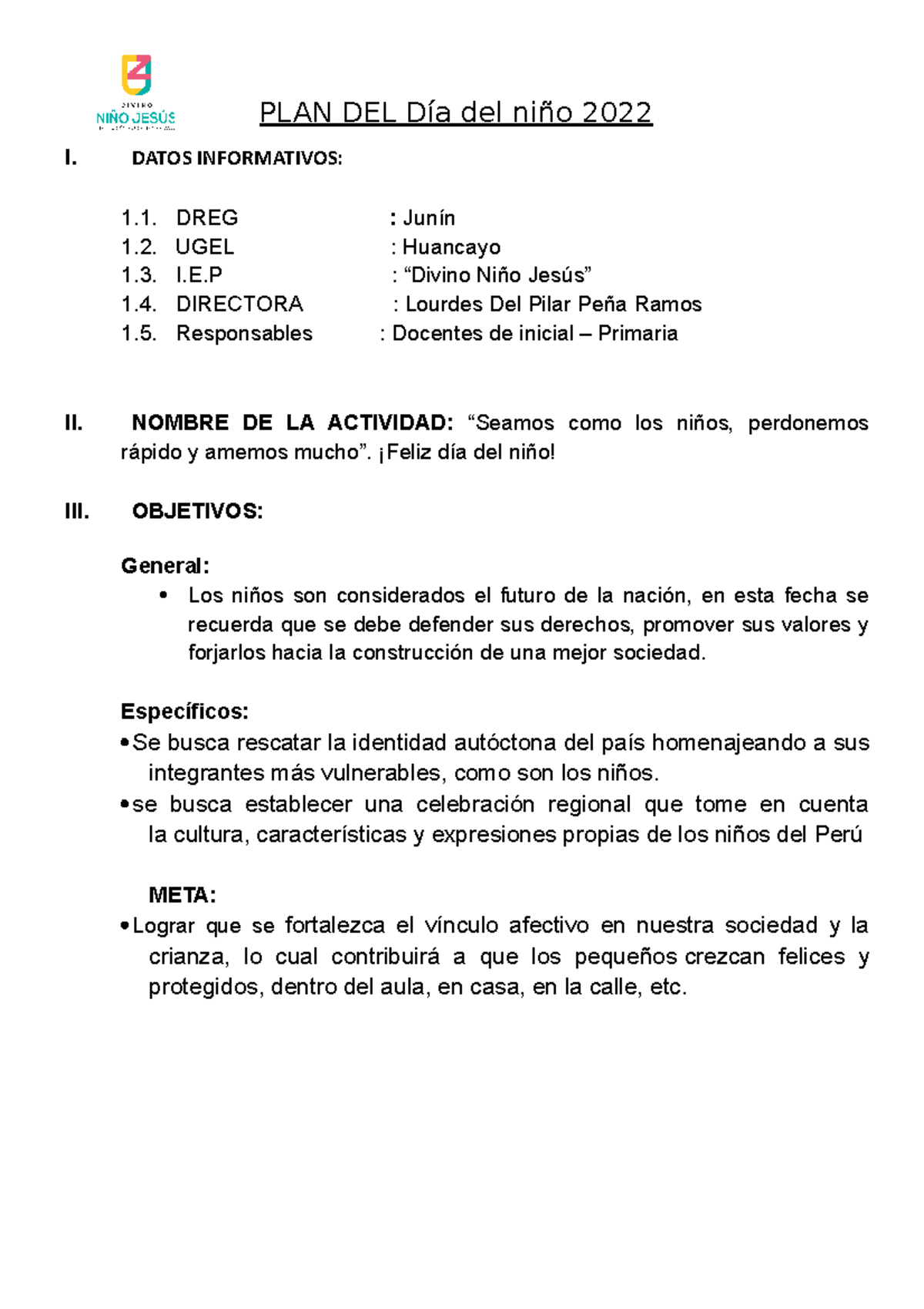 Plan sobre dia del Niño2022 - PLAN DEL Día del niño 2022 I. DATOS ...