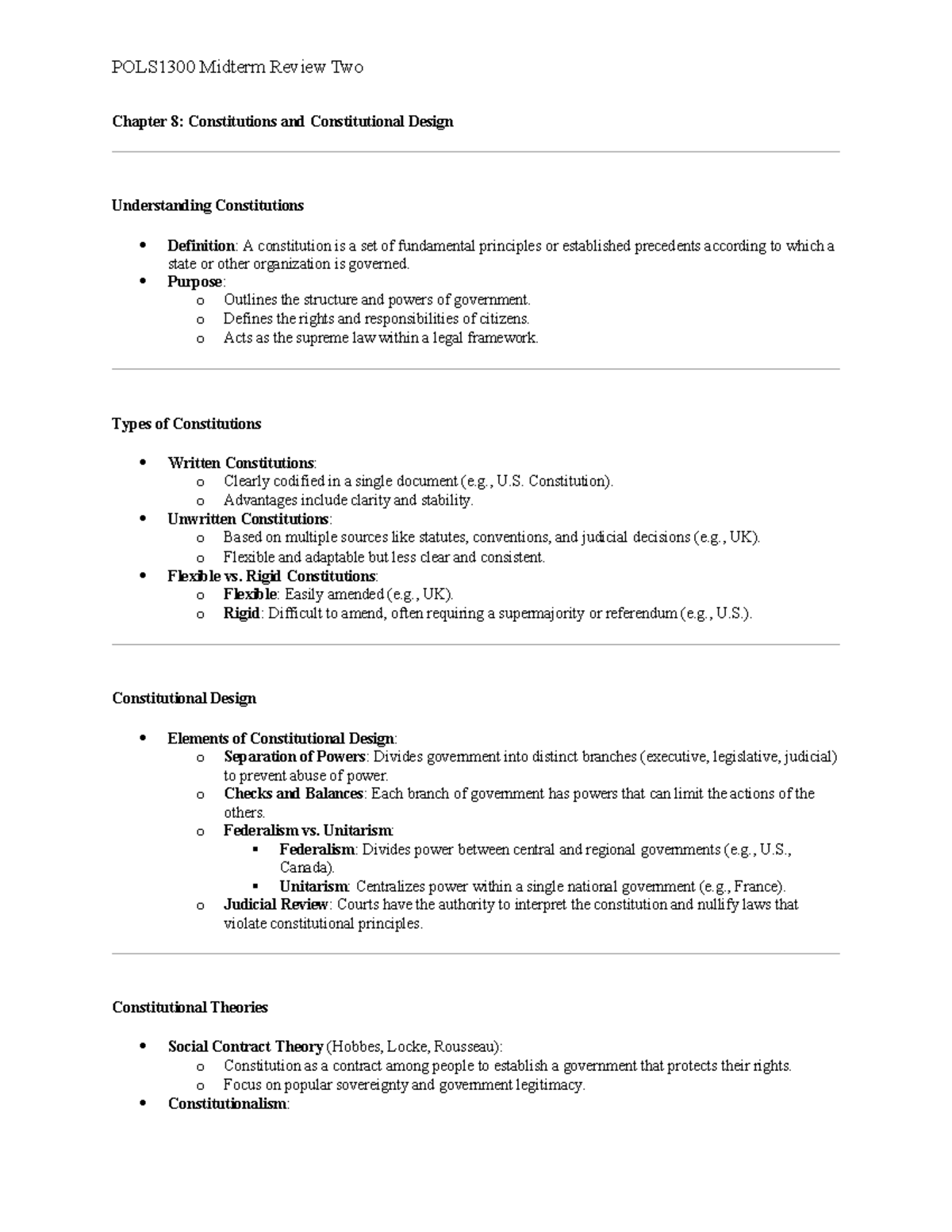 POLS1300 Midterm 2 Review - Chapter 8: Constitutions and Constitutional ...