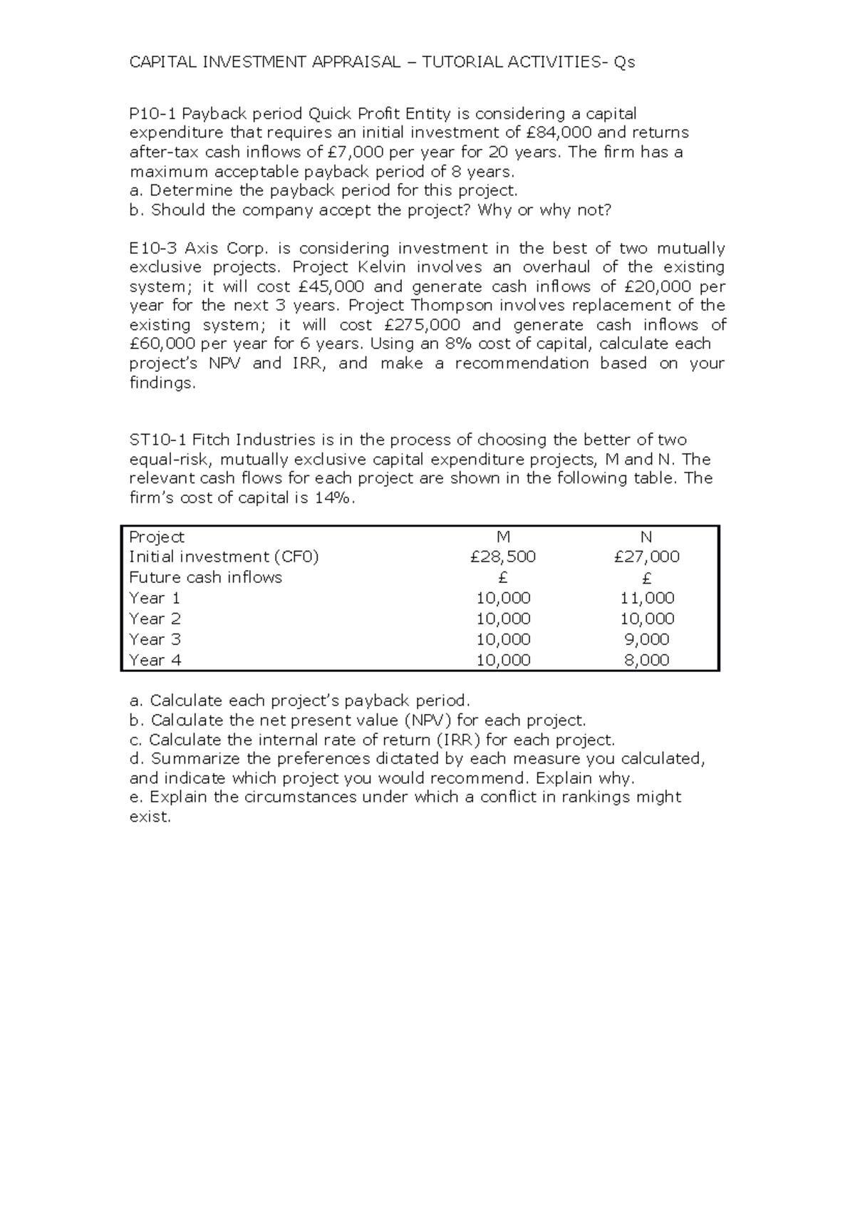 Capital Investment Appraisal- Tutorial Activities- Qs - CAPITAL ...