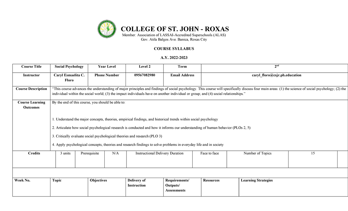 Social Psychology Syllabus (1) - COLLEGE OF ST. JOHN - ROXAS Member ...