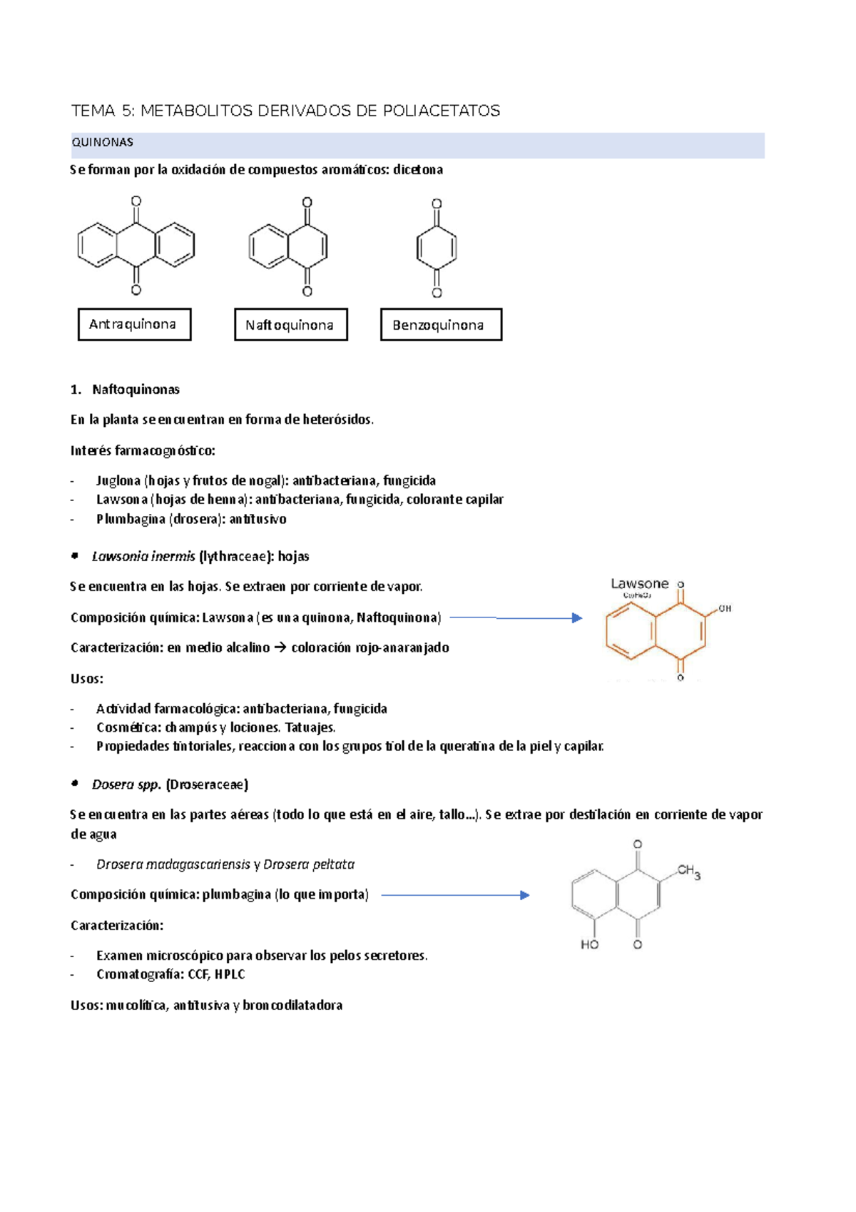 TEMA 5-farmacognosia - QUINONAS TEMA 5: METABOLITOS DERIVADOS DE ...