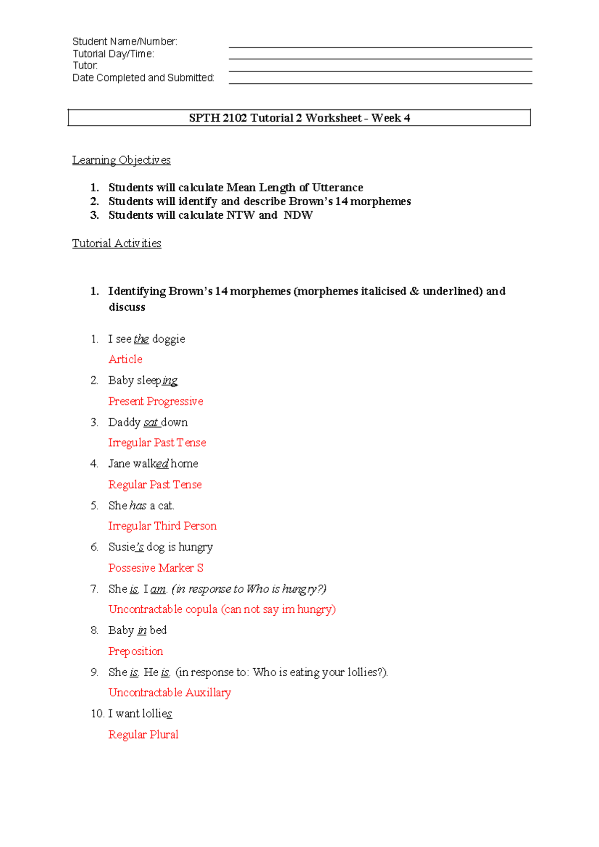 SPTH2102 Tutorial 2 Language Development MLU, Brown's Morphemes ...