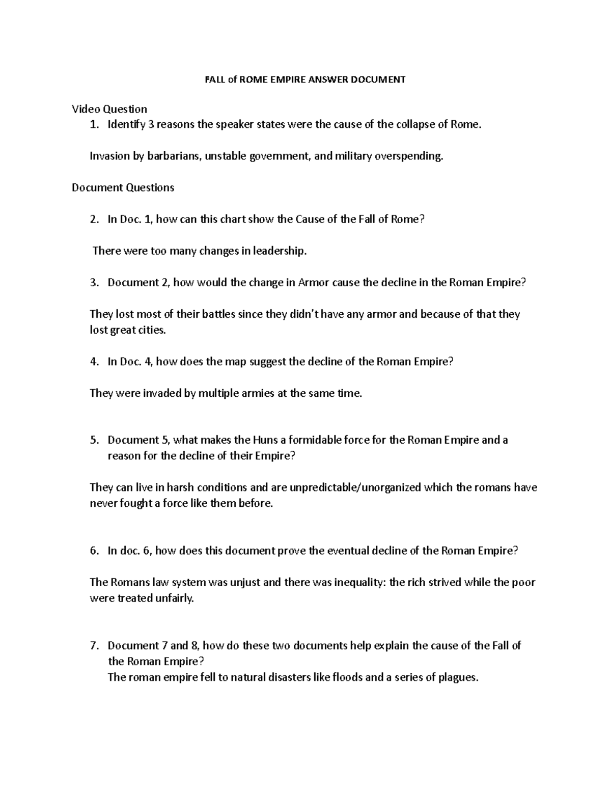 FALL of ROME Empire Answer Document - FALL of ROME EMPIRE ANSWER ...