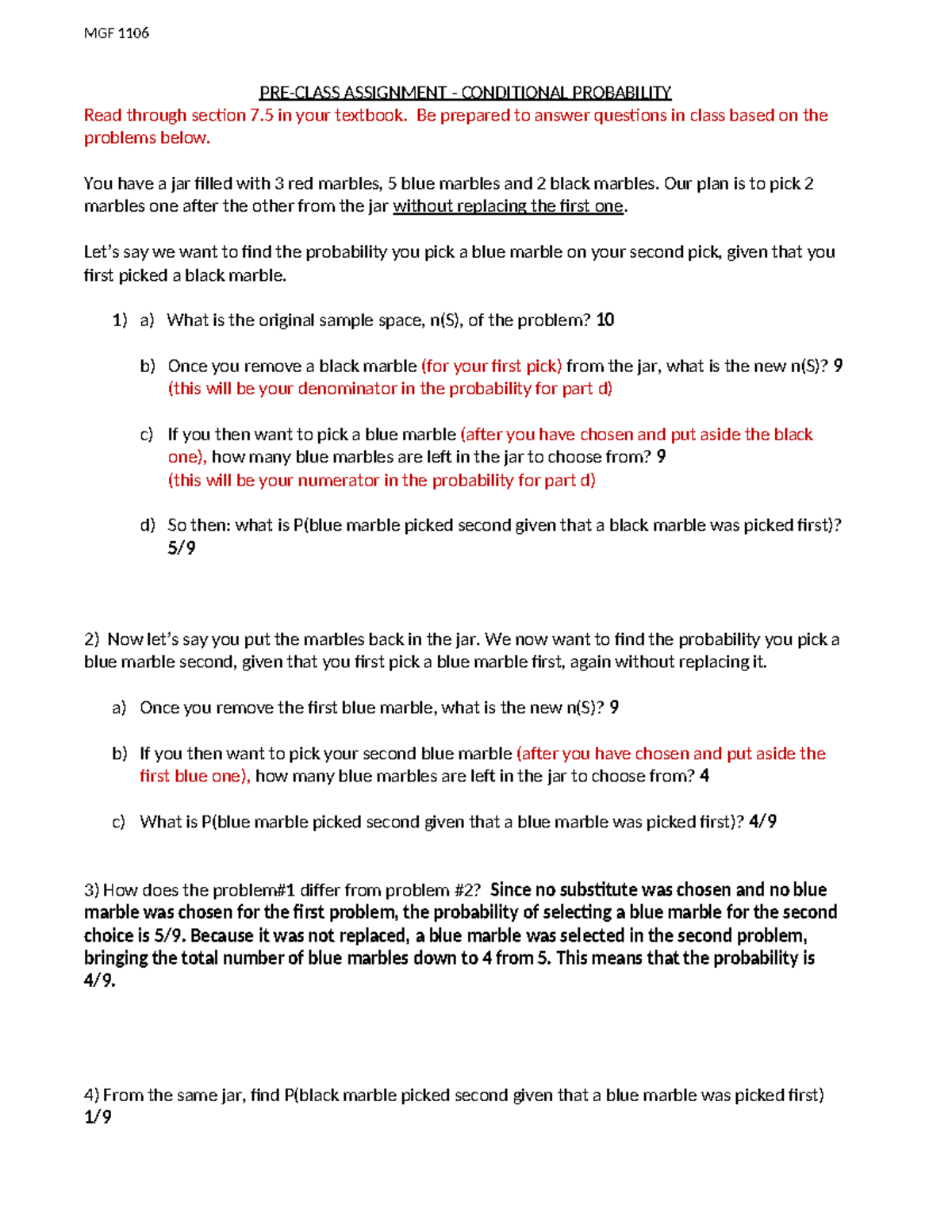 Pre-Class Week 4 (Conditional Probability) Spring 2024 - MGF 1106 PRE-CLASS ASSIGNMENT ...