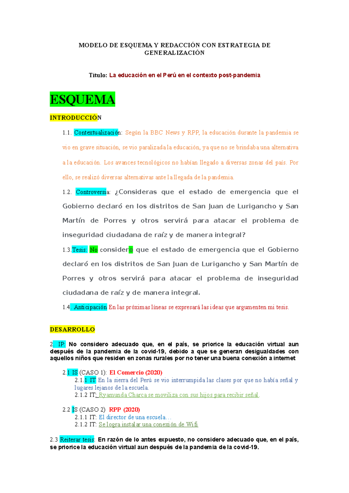 Modelo DE Esquema Y Redacción - MODELO DE ESQUEMA Y REDACCIÓN CON ESTRATEGIA DE GENERALIZACIÓN ...