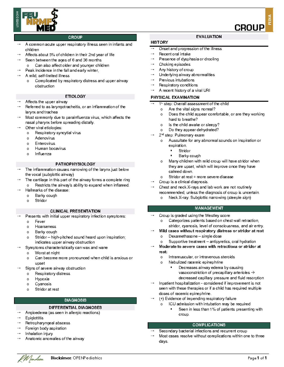 Croup (RM2021) - GHHHHH - Disclaimer: OPENPediatrics Page 1 of 1 CROUP ...