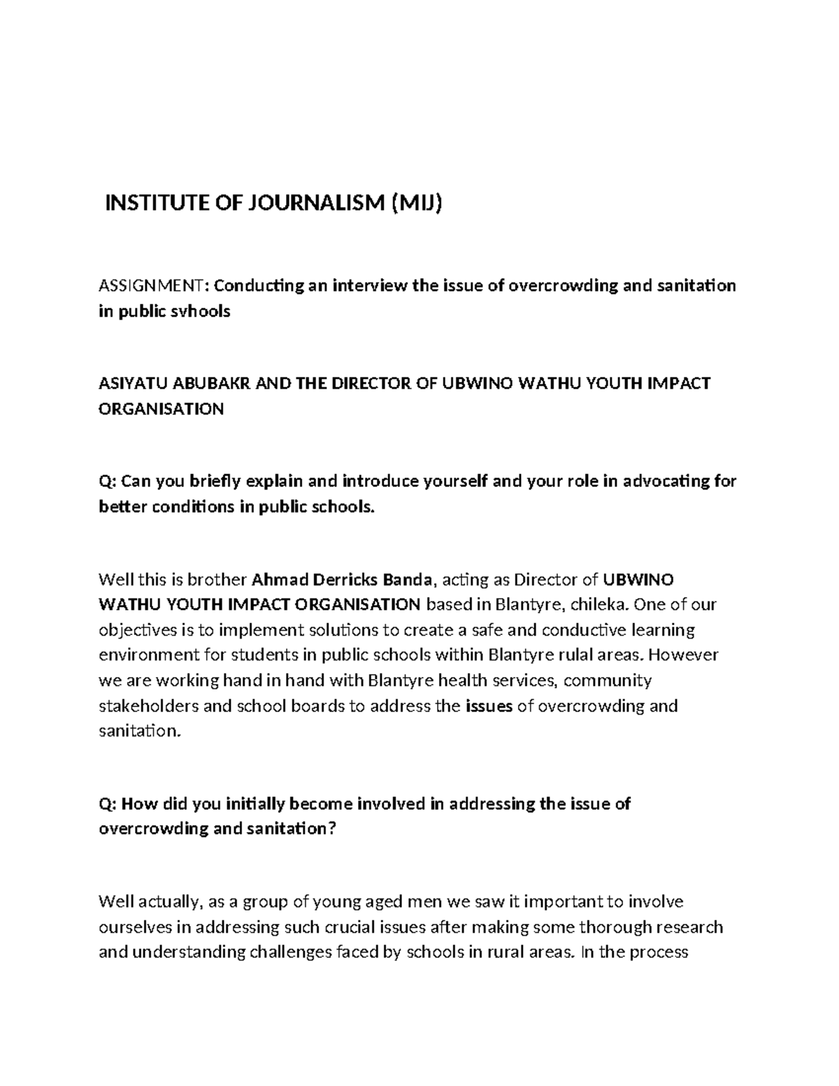 Interview - INSTITUTE OF JOURNALISM (MIJ) ASSIGNMENT: Conducting an ...