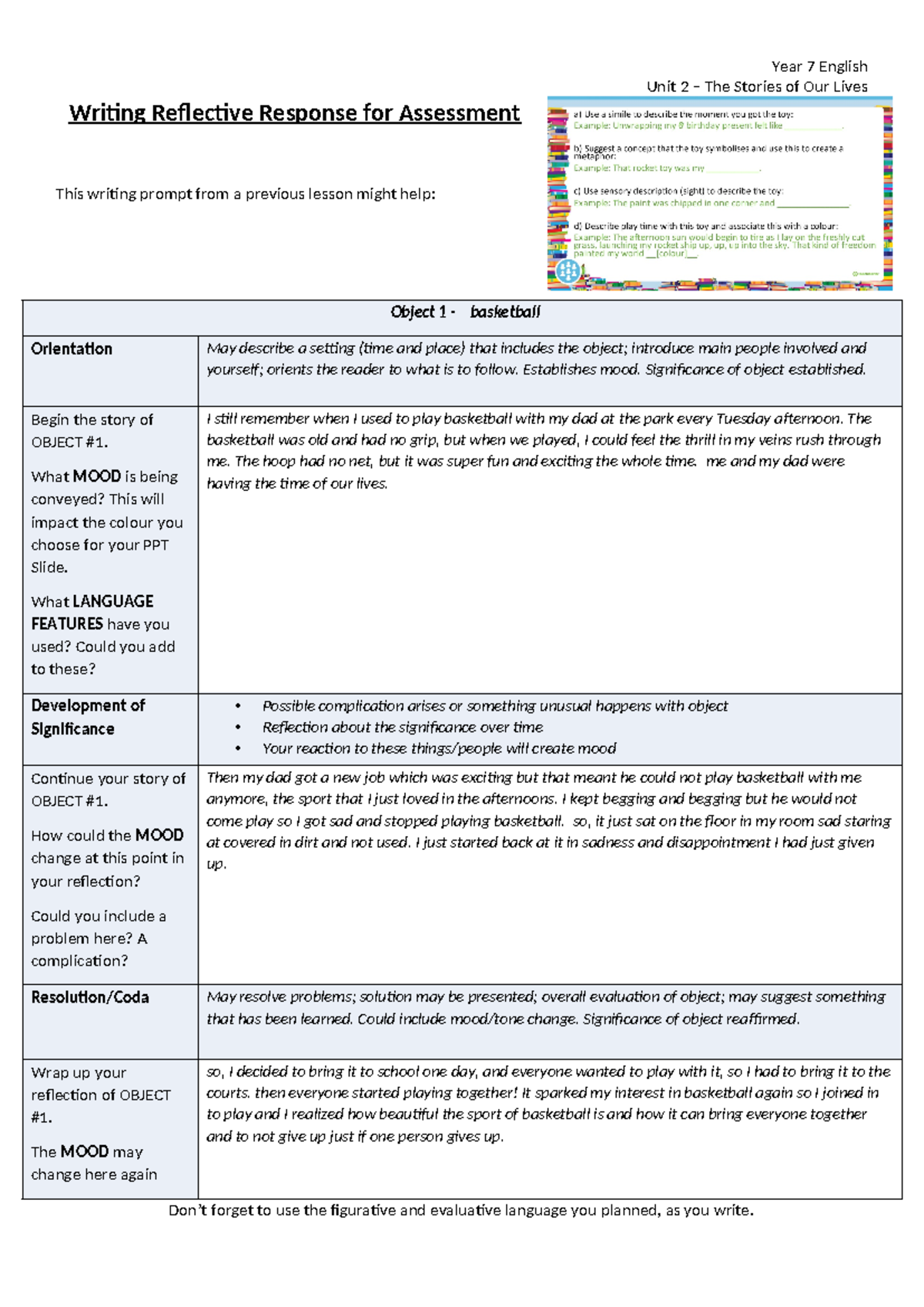 1. Writing Reflective Response for Assessment - Year 7 English Unit 2 ...