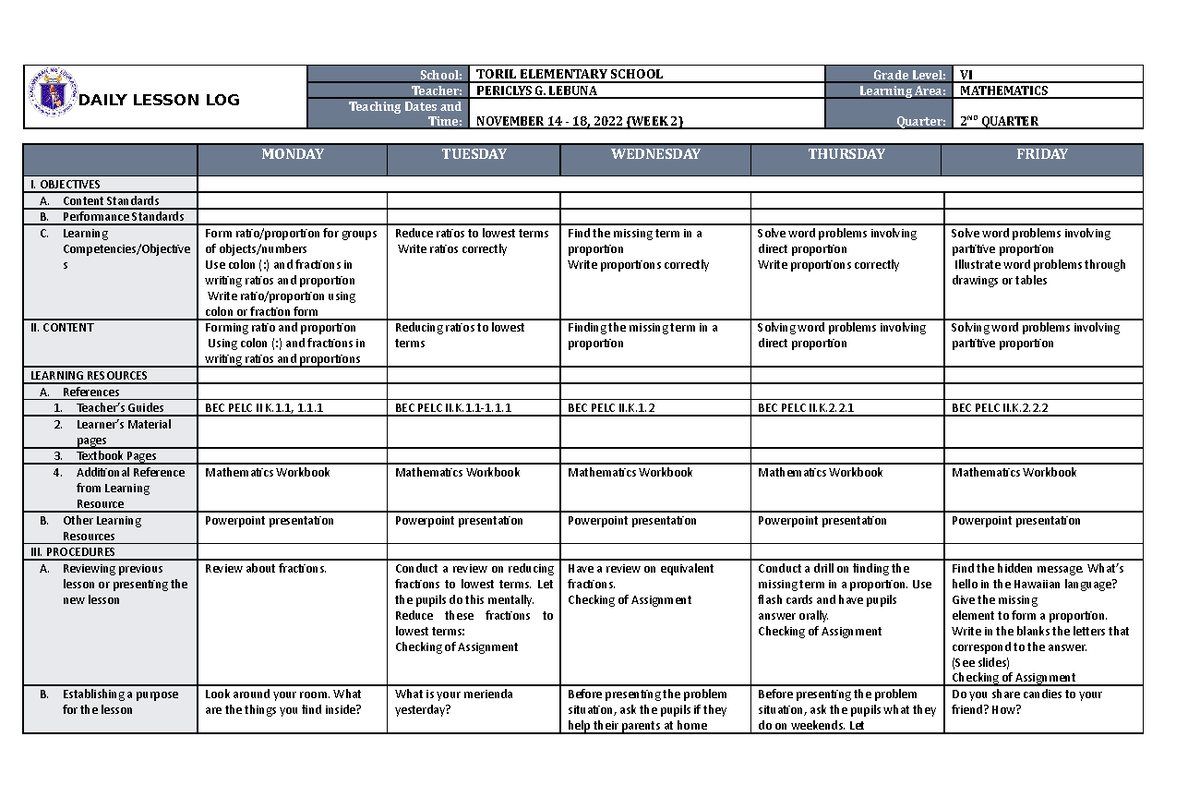 DLL Mathematics 6 Q2 W2 - periclys G. lebuna - DAILY LESSON LOG School: TORIL ELEMENTARY SCHOOL ...