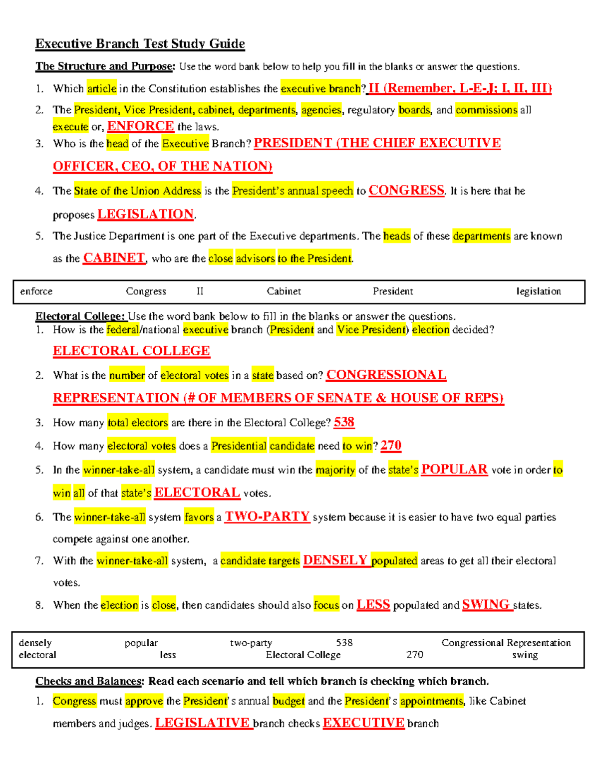 KEY Study Guide Test Executive Branch Test Review 2023-2024 - Executive ...