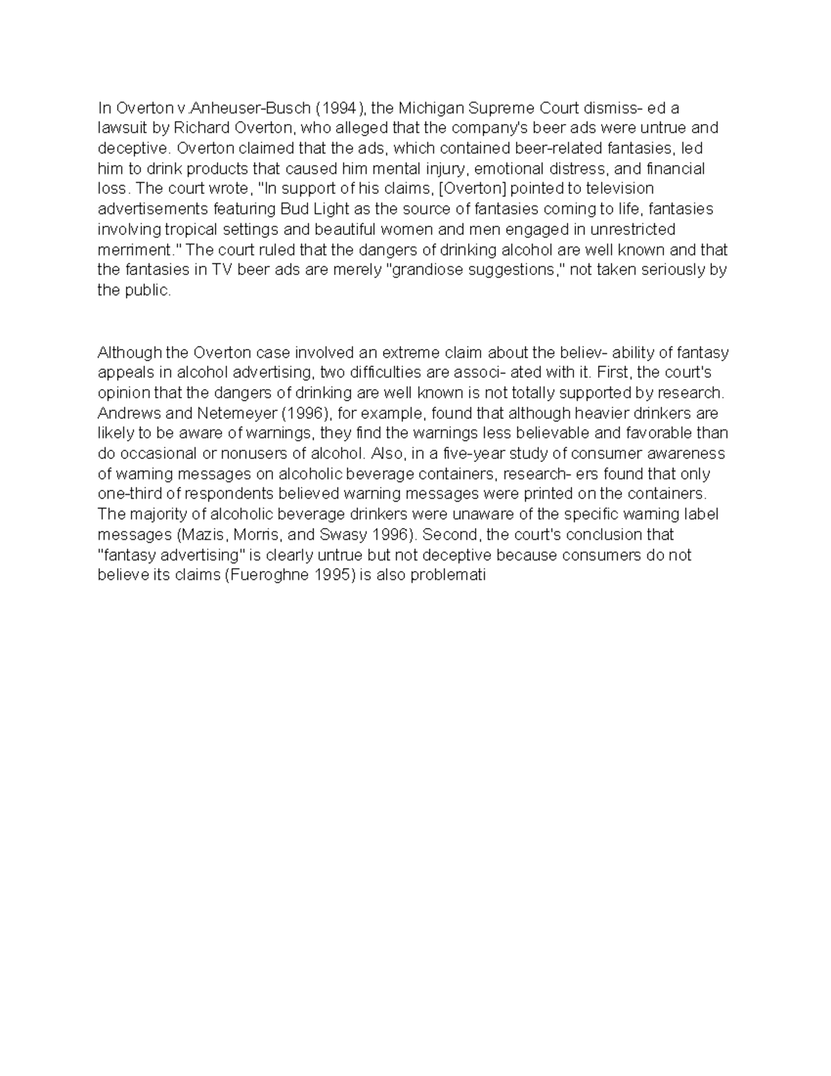 Facts & courts opinion - EXAMPLES - In Overton v-Busch (1994), the ...