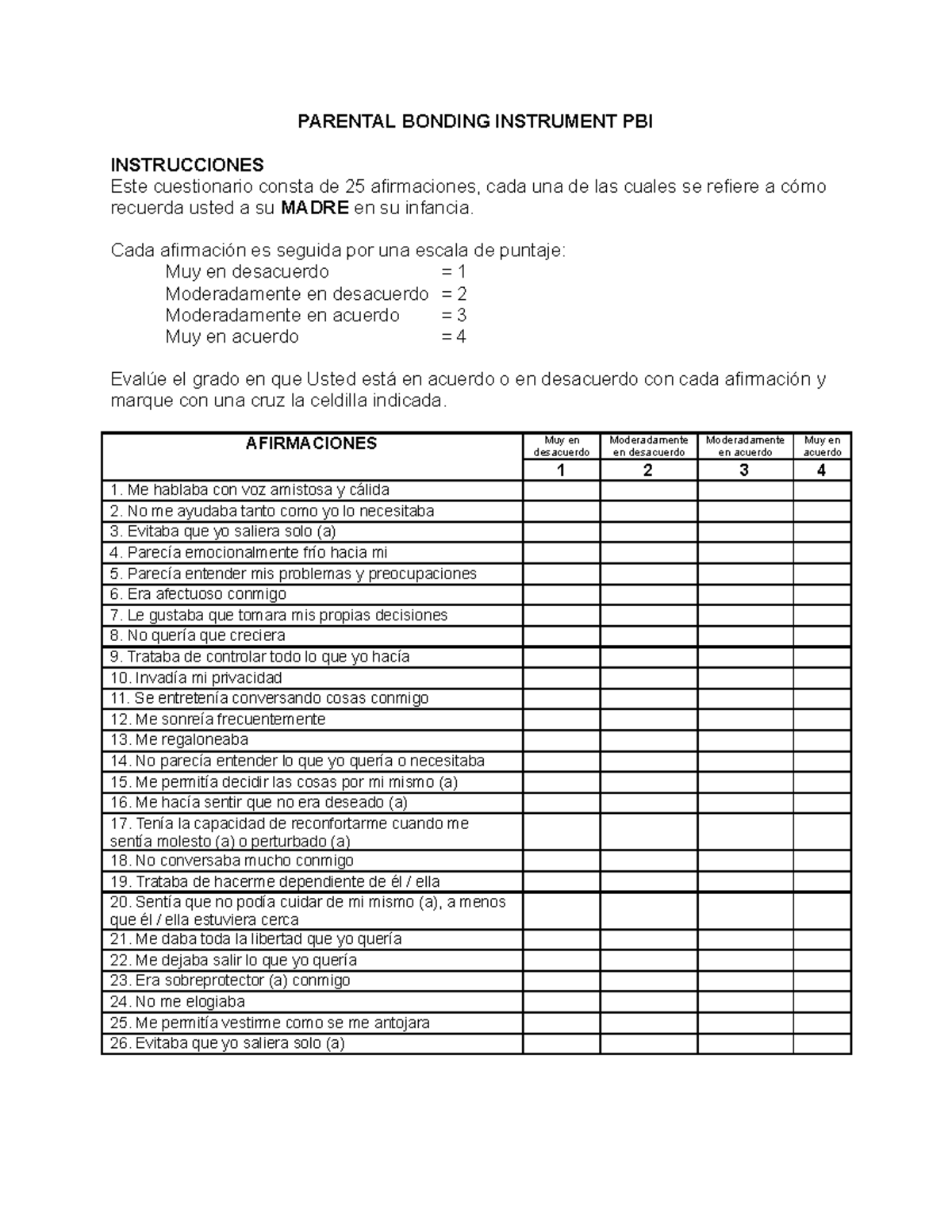 PBI apl i cac i ón Test de V i nculos - PARENTAL BONDING INSTRUMENT PBI ...