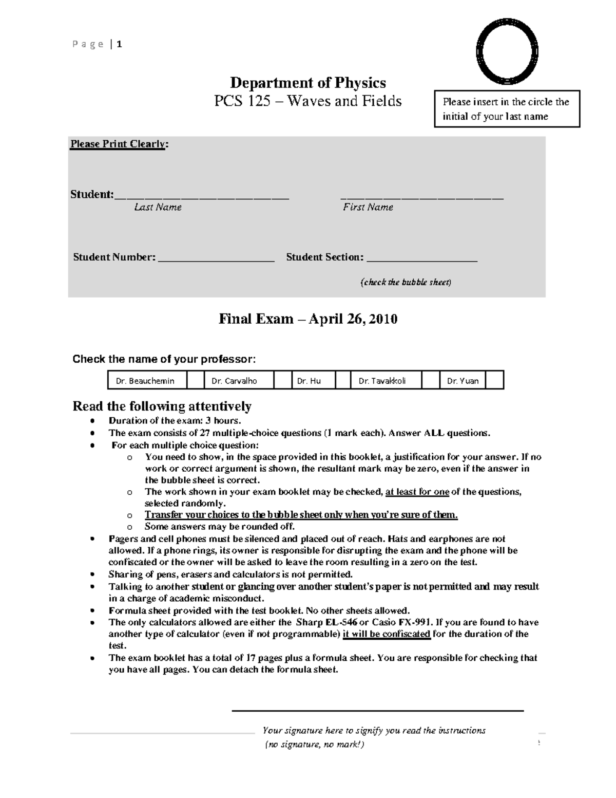 Exam 26 April 2010, questions and answers - Page Department of Physics ...