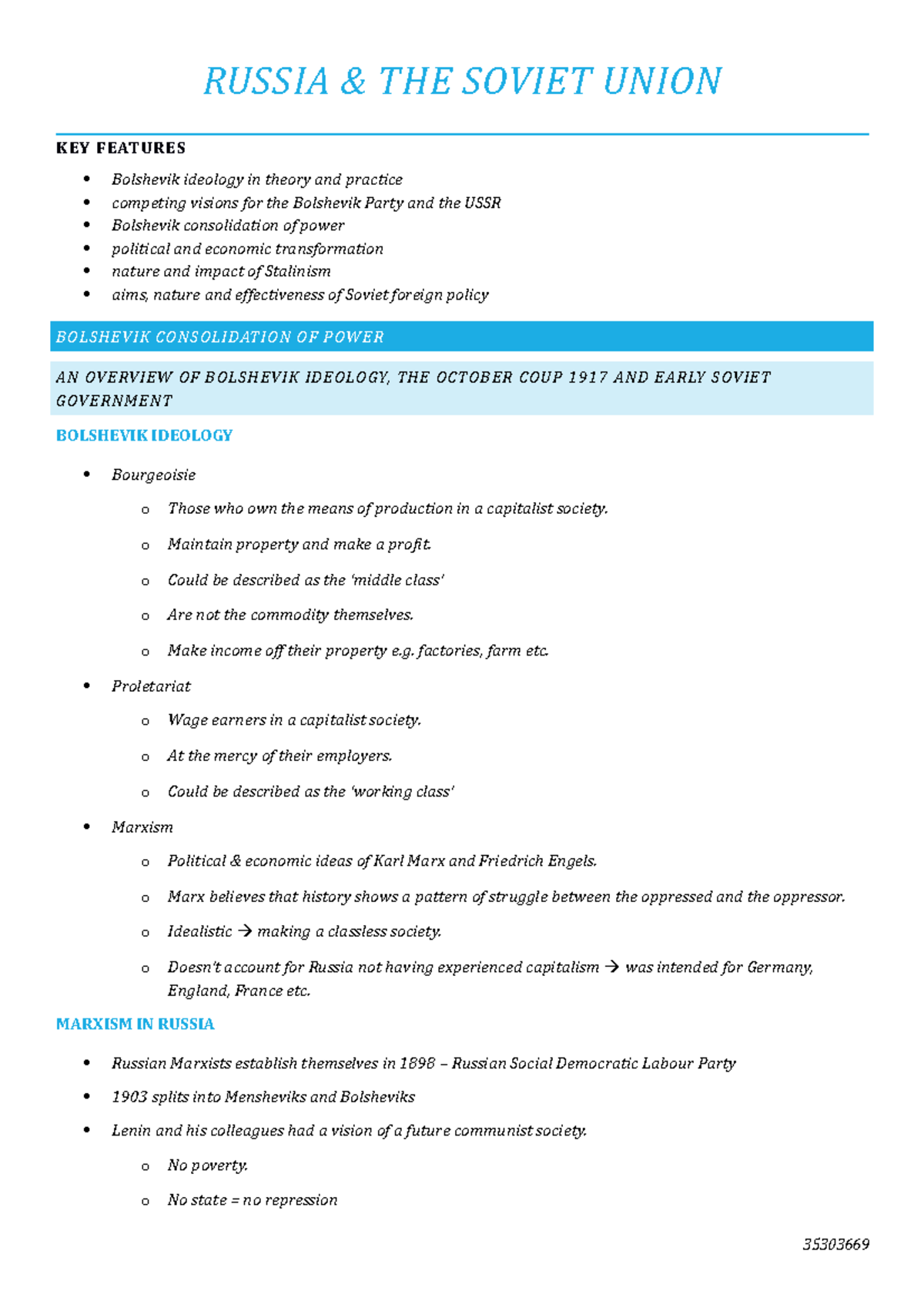 Soviet Union Notes - RUSSIA & THE SOVIET UNION KEY FEATURES Bolshevik ...